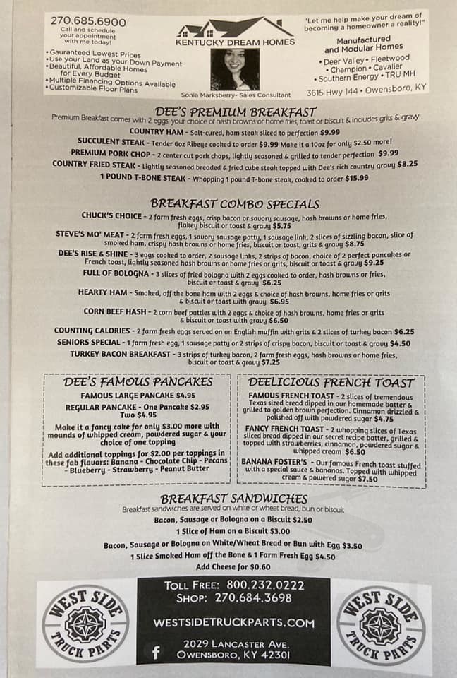 Dee's Diner menu in Owensboro, Kentucky, USA