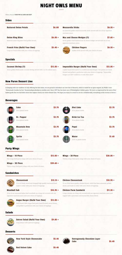 Night Owls Fast Food menu in Philadelphia, Pennsylvania, USA