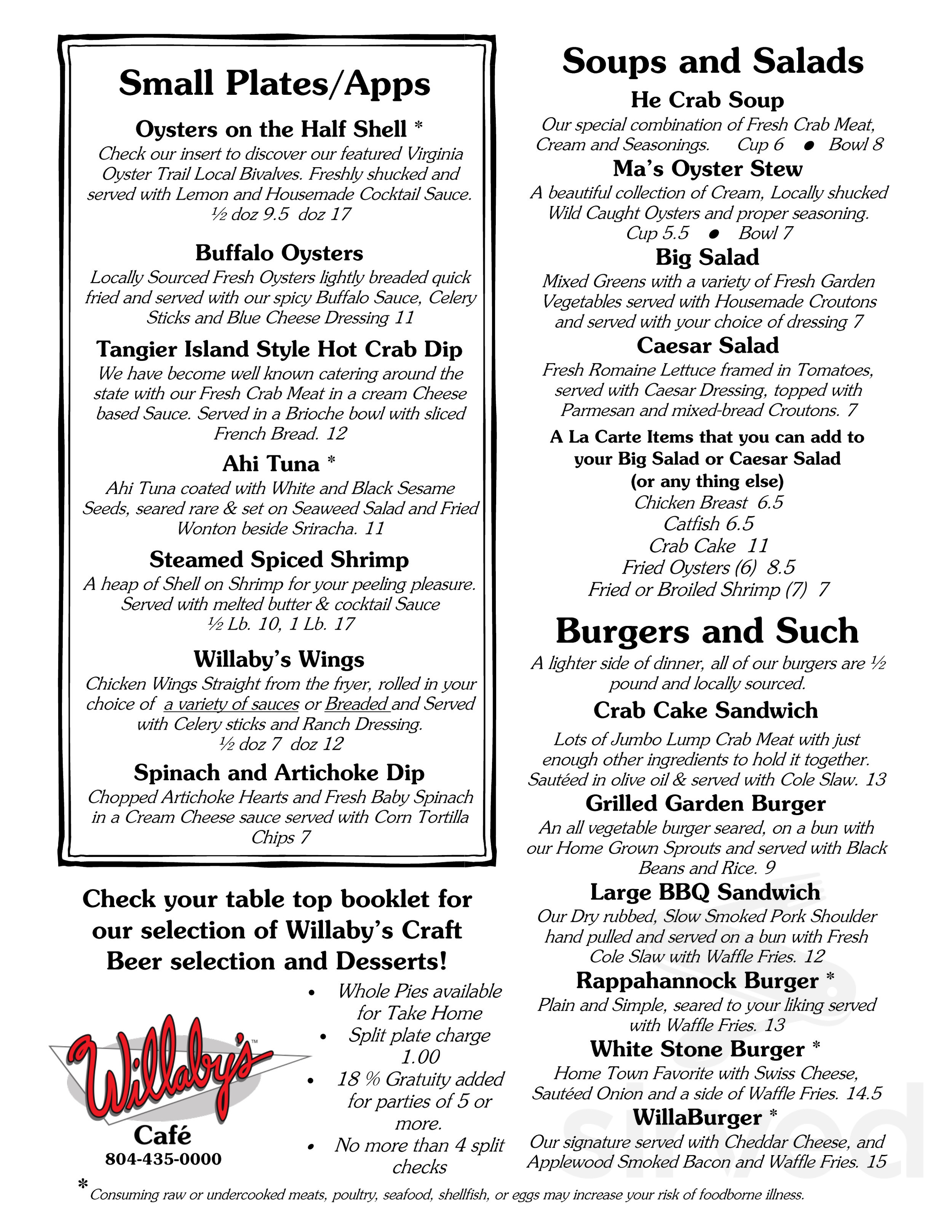 Willaby's Cafe menu in White Stone, Virginia, USA