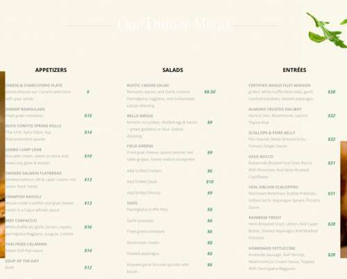 Bella Fresca menu in Shreveport, Louisiana, USA