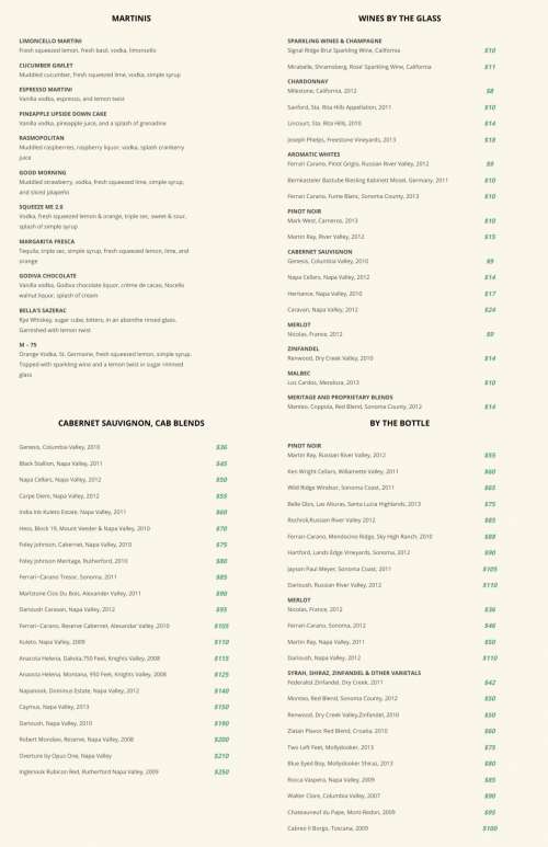 Bella Fresca menu in Shreveport, Louisiana, USA