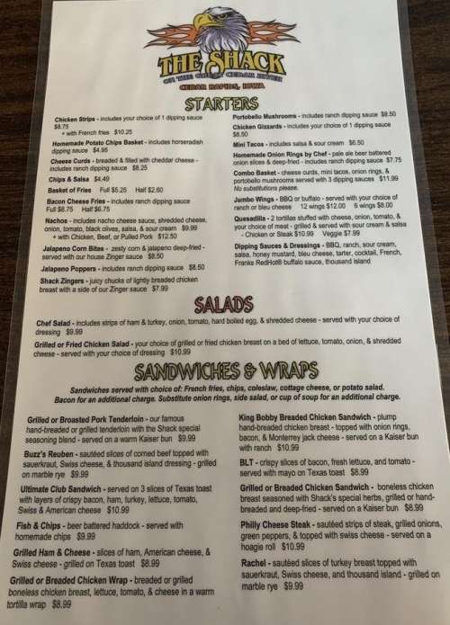 The Shack Tavern menu in Cedar Rapids, Iowa, USA