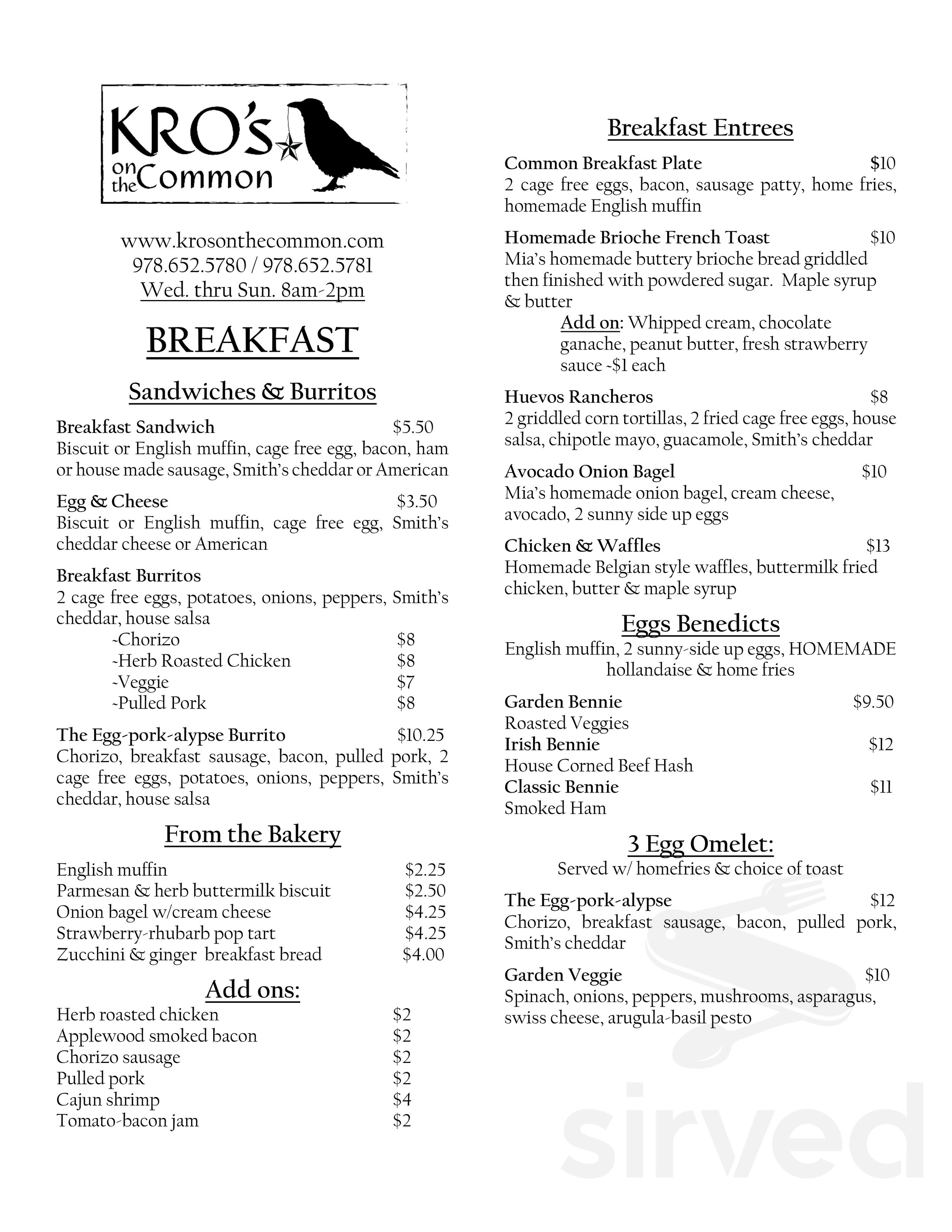 KRO's on the Common menu in Templeton, Massachusetts, USA