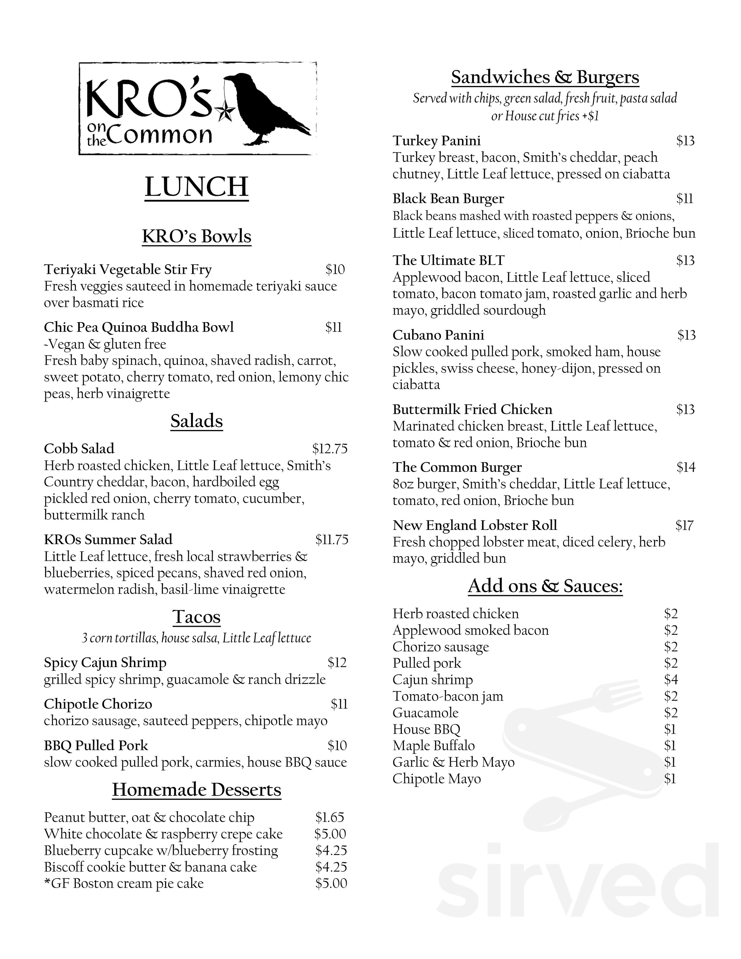 KRO's on the Common menu in Templeton, Massachusetts, USA