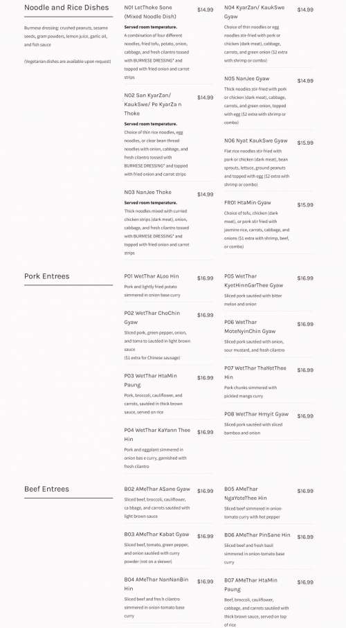 Mandalay Restaurant & Cafe menu in Silver Spring, Maryland, USA