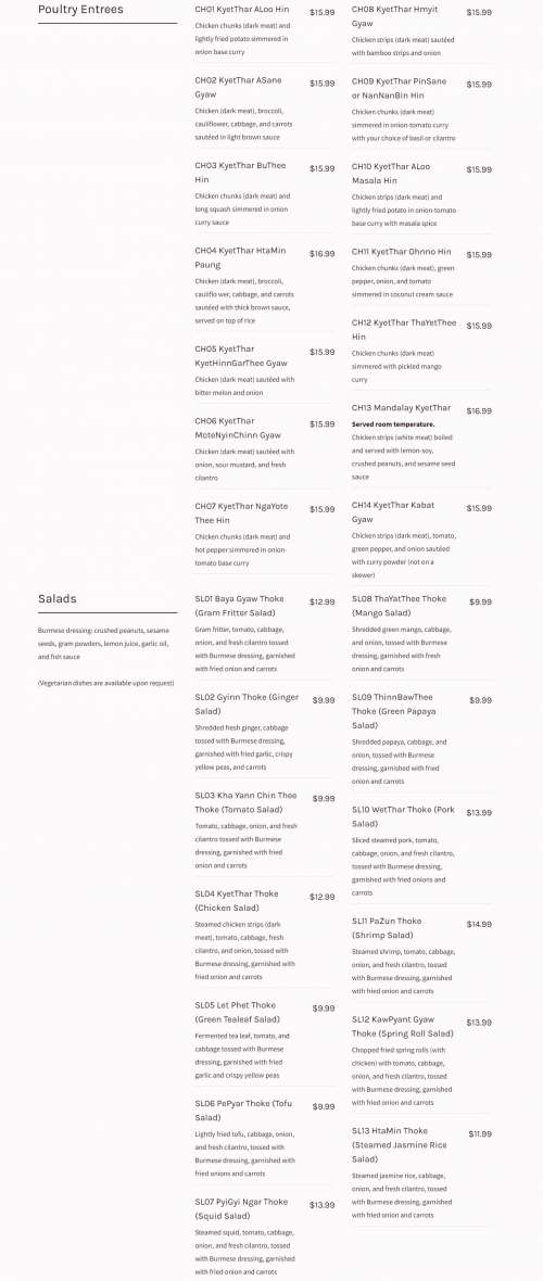 Mandalay Restaurant & Cafe menu in Silver Spring, Maryland, USA