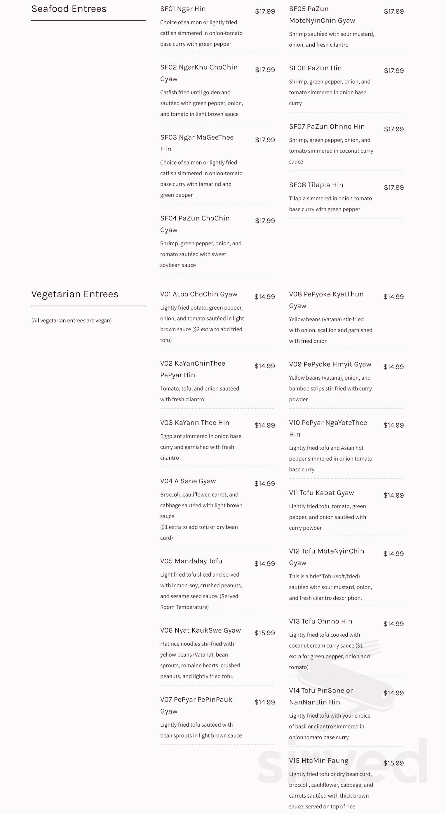 Mandalay Restaurant & Cafe menu in Silver Spring, Maryland, USA