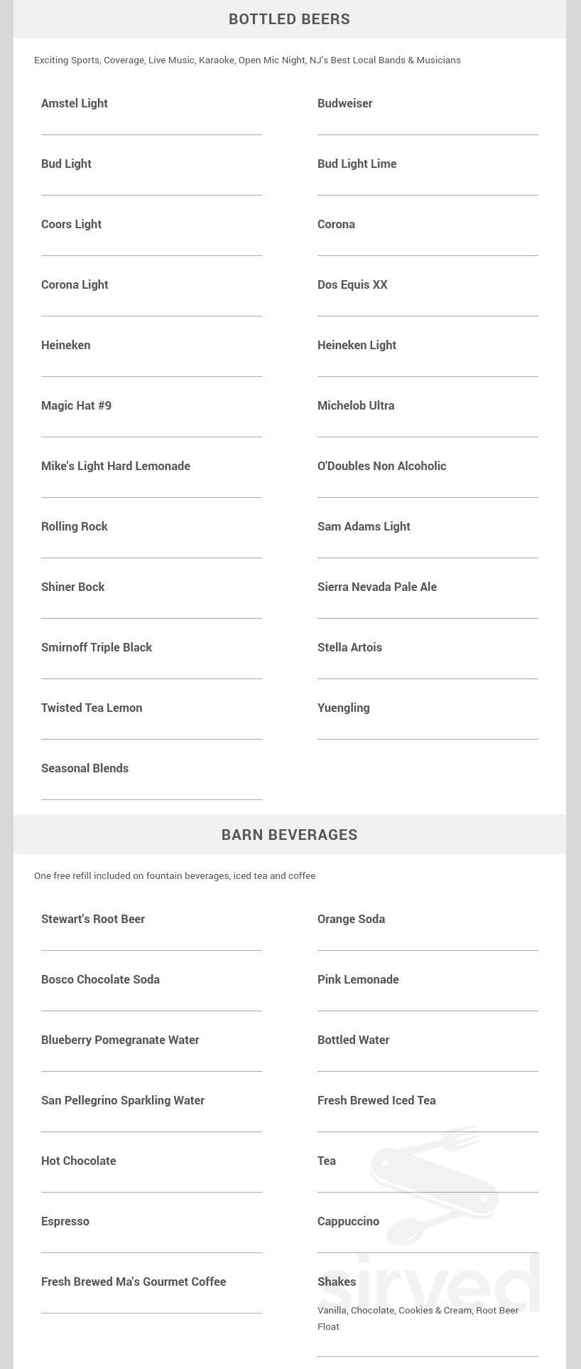 Menu for Rockaway River Barn in Rockaway, NJ | Sirved