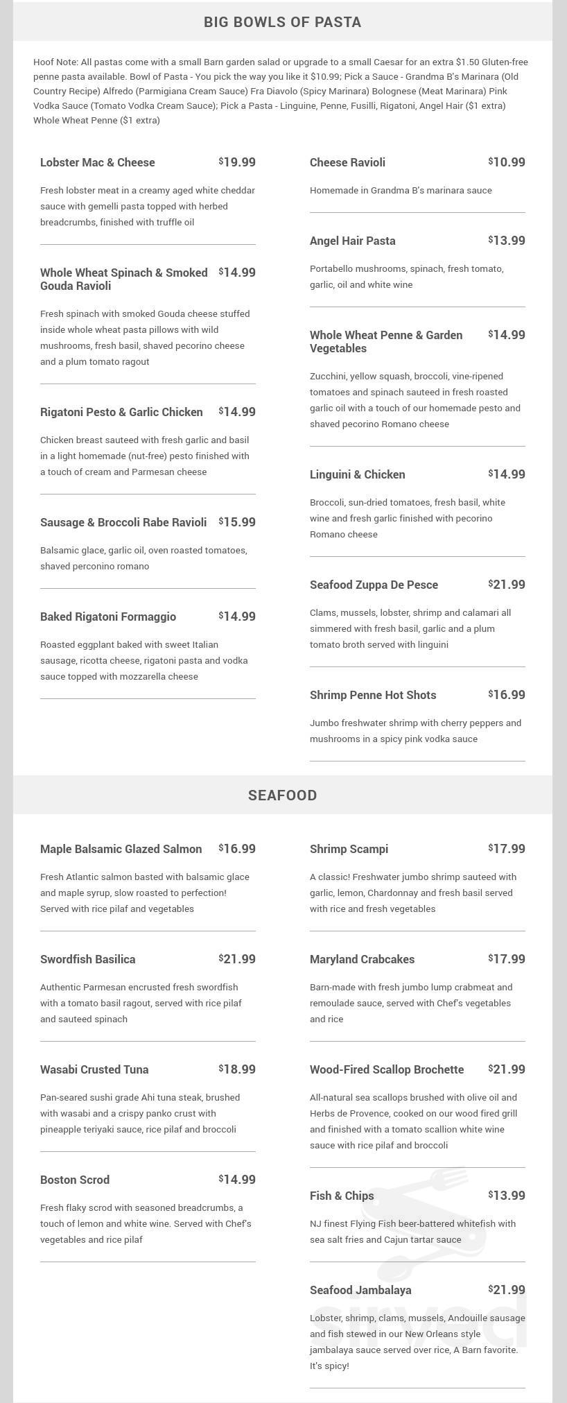 Rockaway River Barn menu in Rockaway, New Jersey, USA