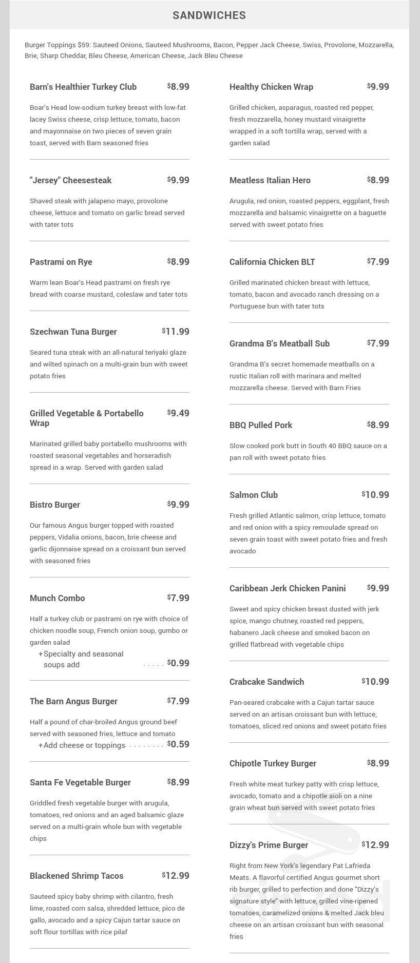 Rockaway River Barn menu in Rockaway, New Jersey, USA