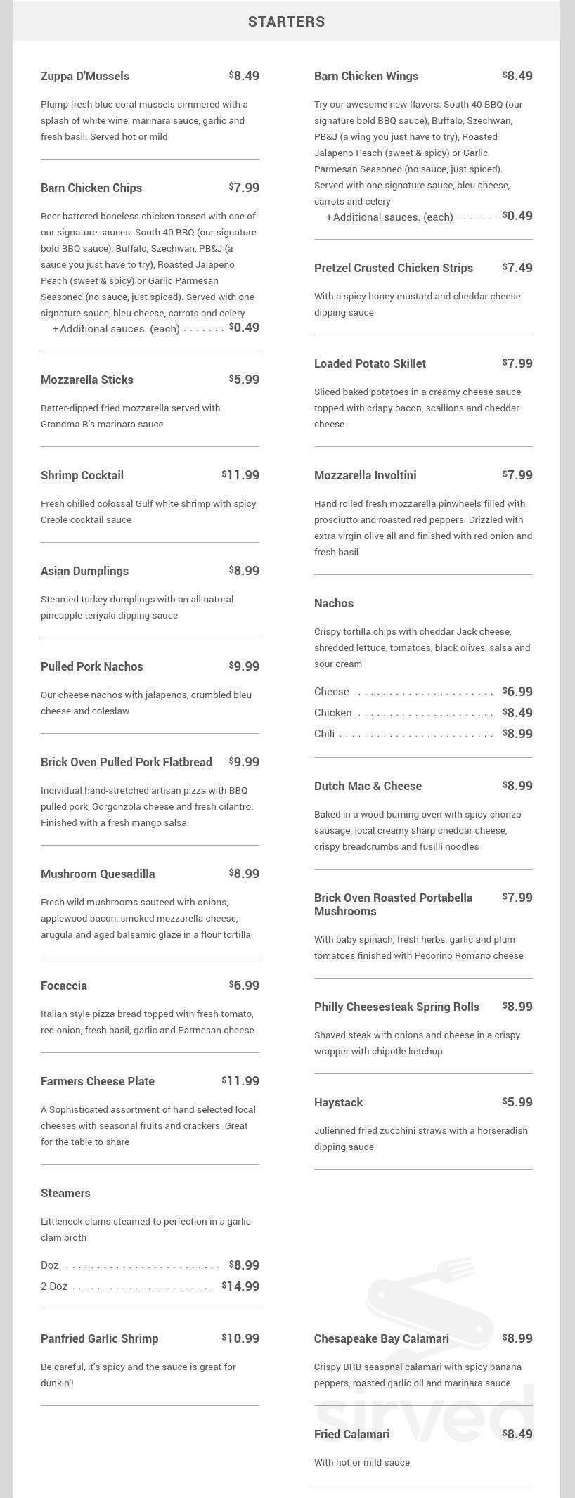 Menu for Rockaway River Barn in Rockaway, NJ | Sirved