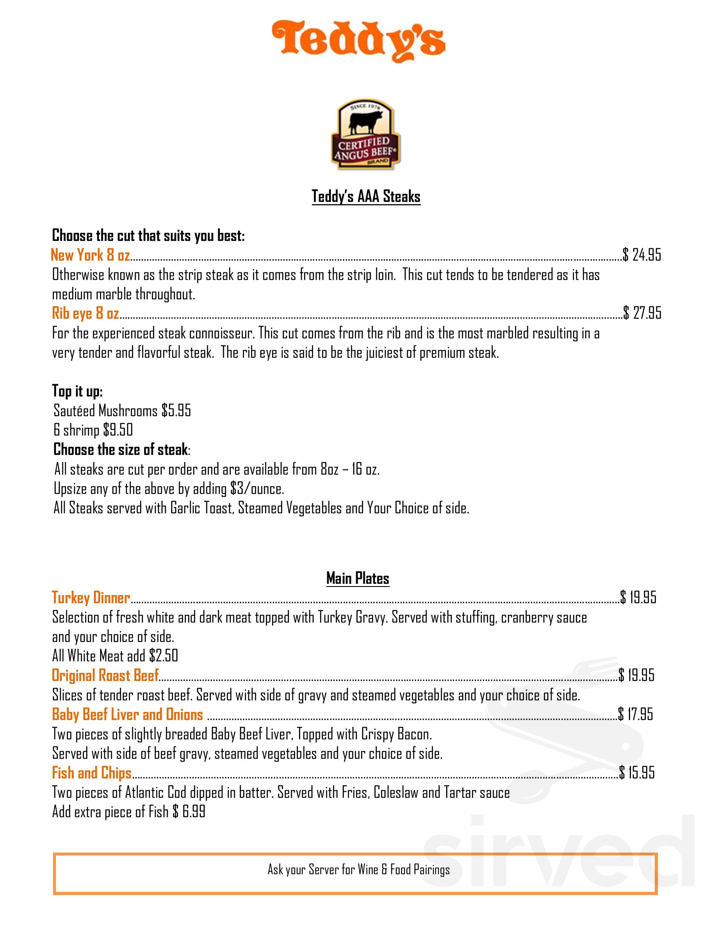 Teddy's Bar & Grill menu in Edmonton, Alberta, Canada
