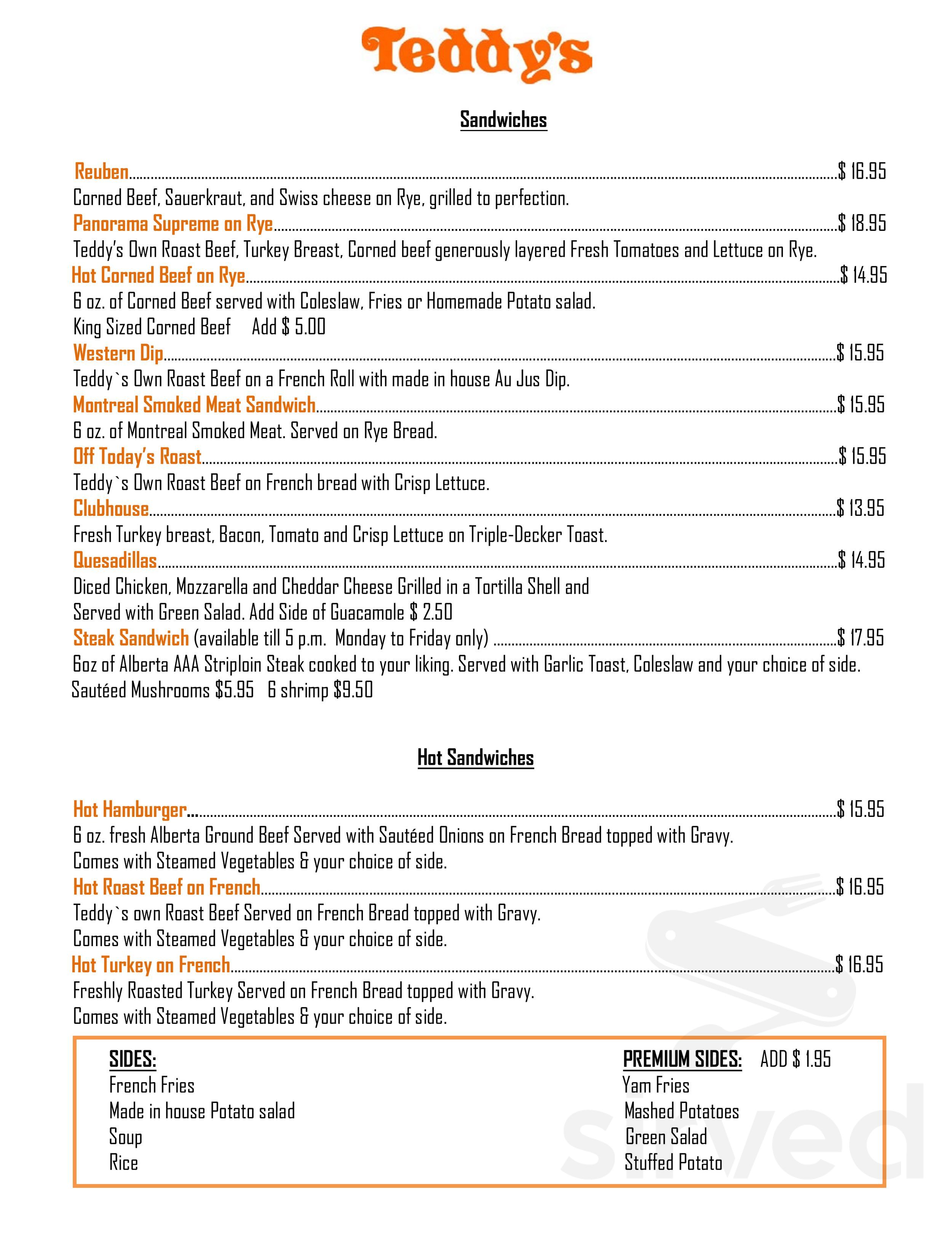 Teddy's Bar & Grill menu in Edmonton, Alberta, Canada