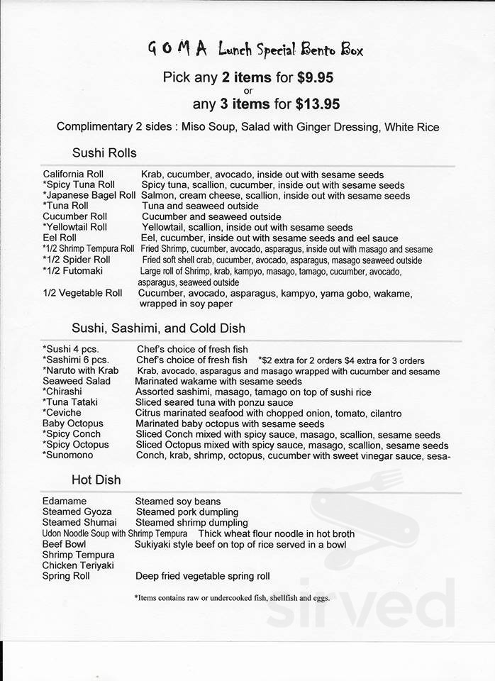 Sushi Goma menu in Port St. Lucie, Florida, USA