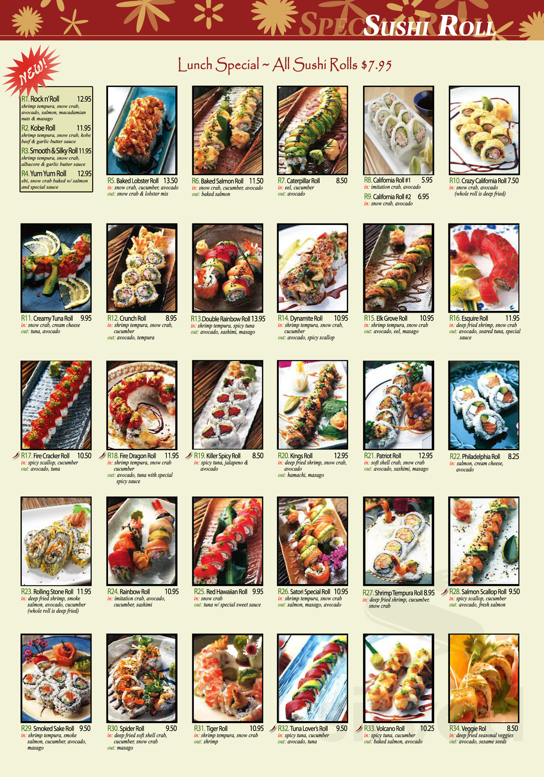 Satori Sushi and Teriyaki Grill menu in Sacramento, California, USA