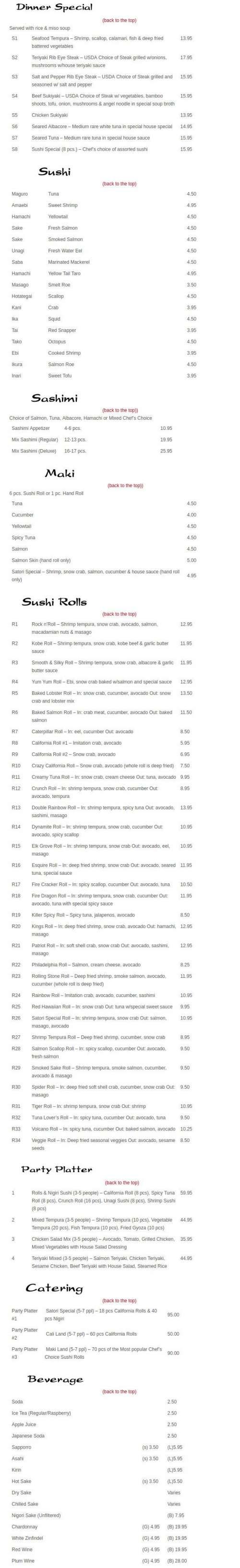 Satori Sushi and Teriyaki Grill menu in Sacramento, California, USA