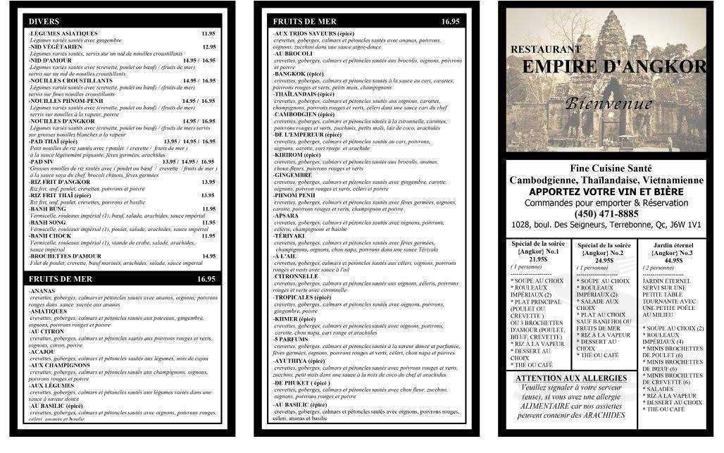 Restaurant Empire D'Angkor menu in Terrebonne, Quebec, Canada