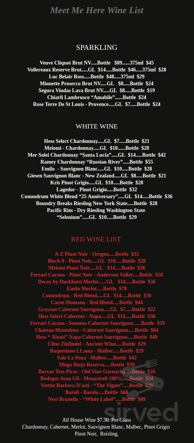 Menu for Meet Me Here Restaurant and Bar in Middlebury, CT | Sirved