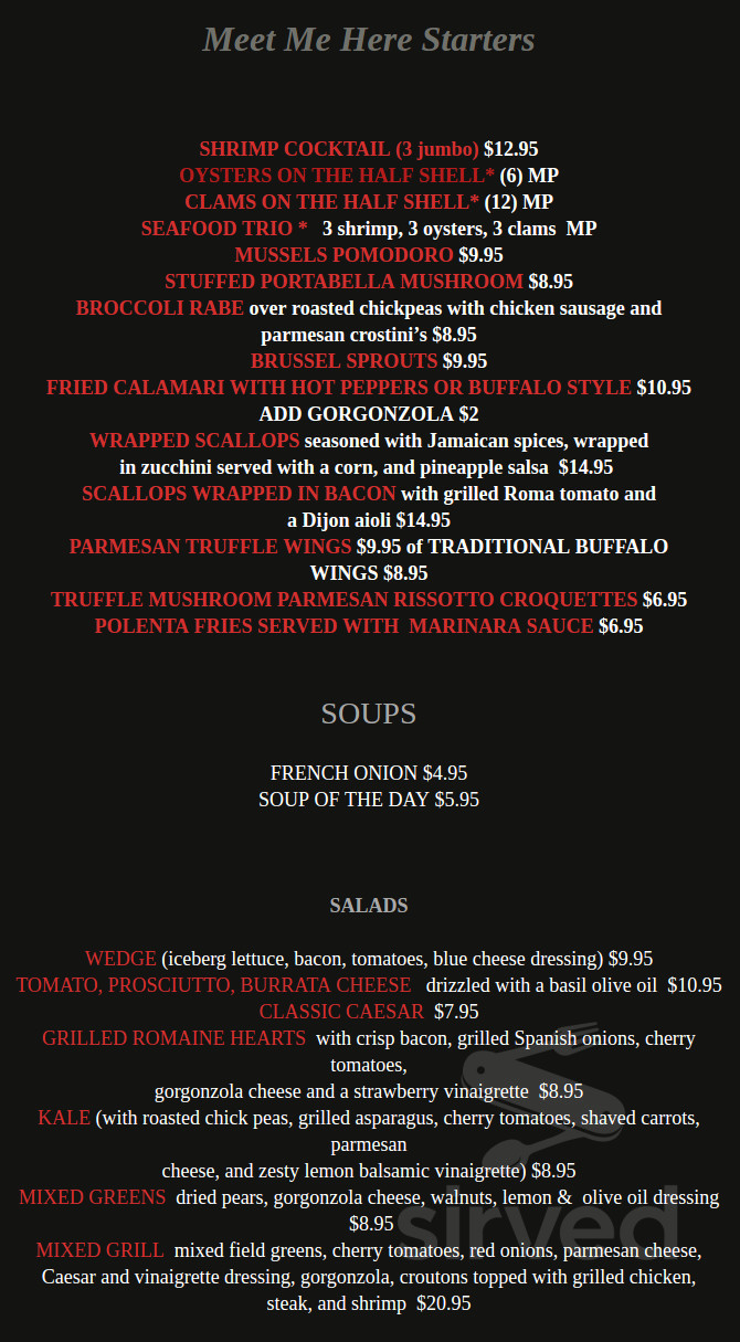 Menu for Meet Me Here Restaurant and Bar in Middlebury, CT | Sirved