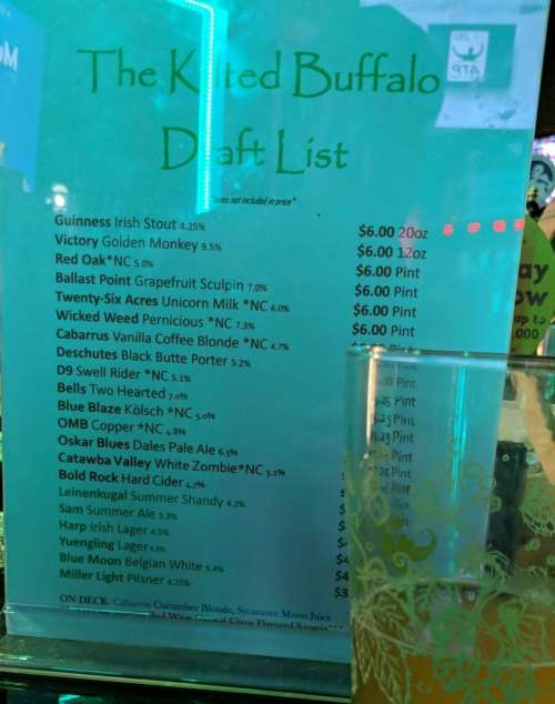 The Kilted Buffalo menu in Huntersville, North Carolina, USA