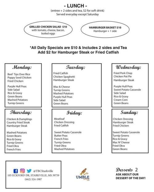 The Breakfast Club menu in Starkville, Mississippi, USA