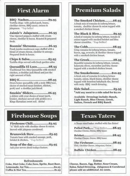 Firehouse BBQ and Blues menu in Richmond, Indiana, USA