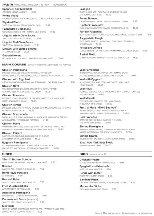 Nove menu in Wilton, New York, USA