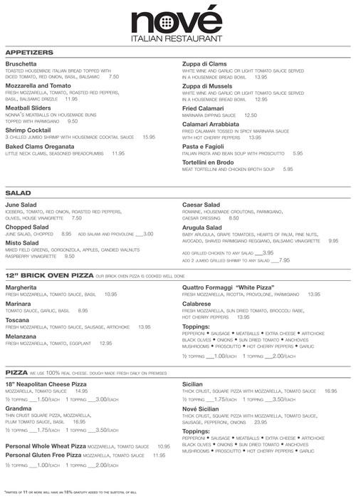 Nove menu in Wilton, New York, USA