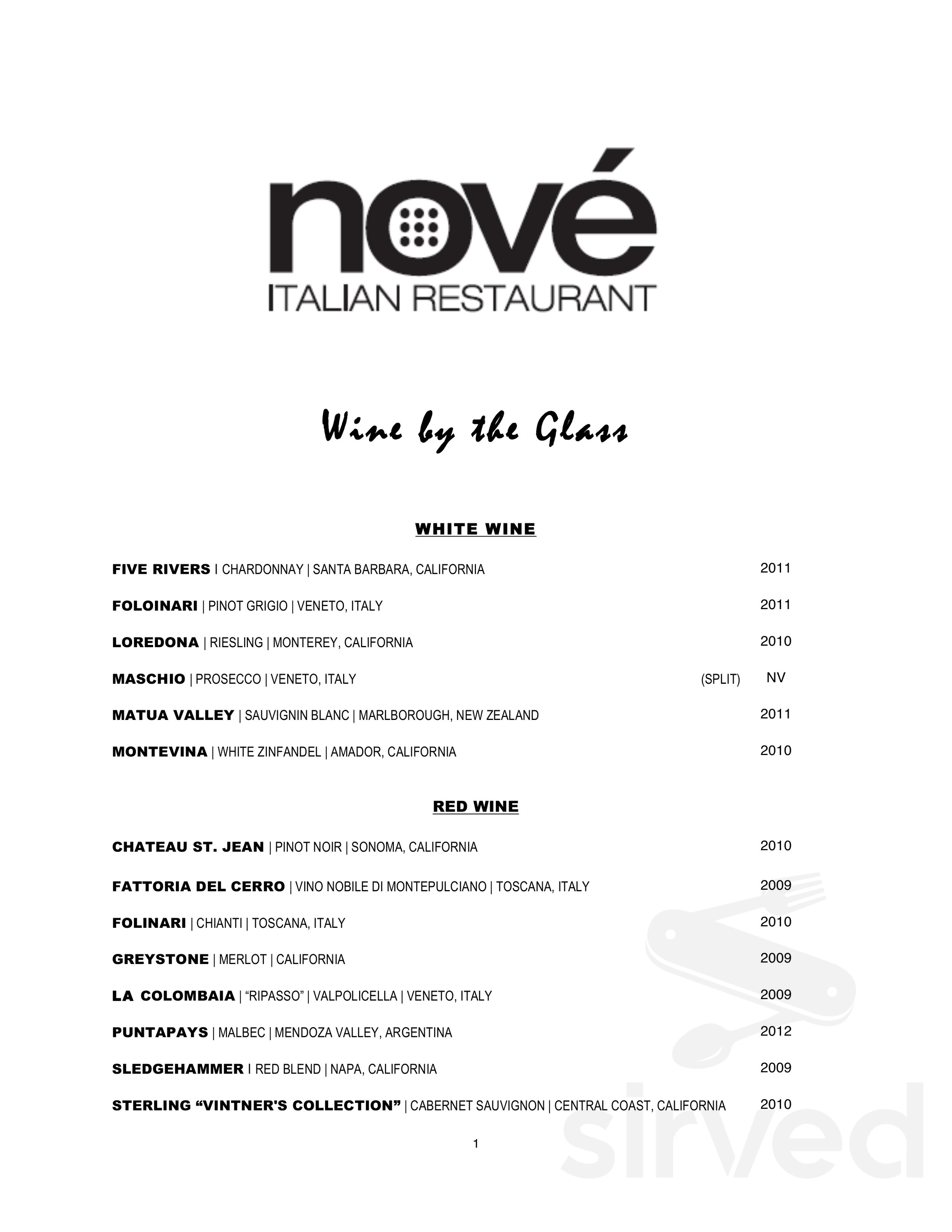 Nove menu in Wilton, New York, USA