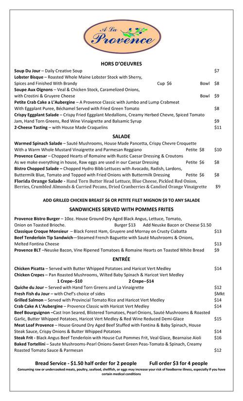 A La Provence menu in Tallahassee, Florida, USA