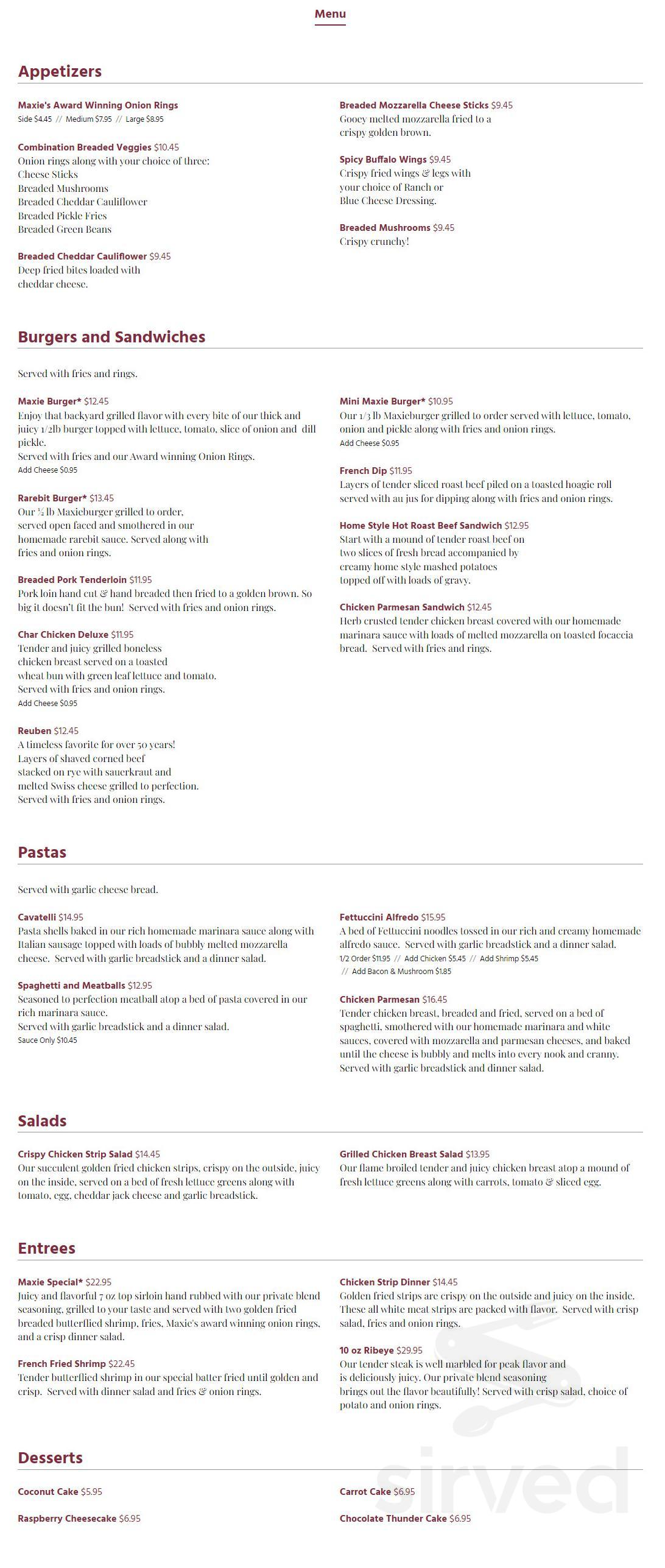 Menu For Maxie s Restaurant Lounge In West Des Moines IA Sirved
