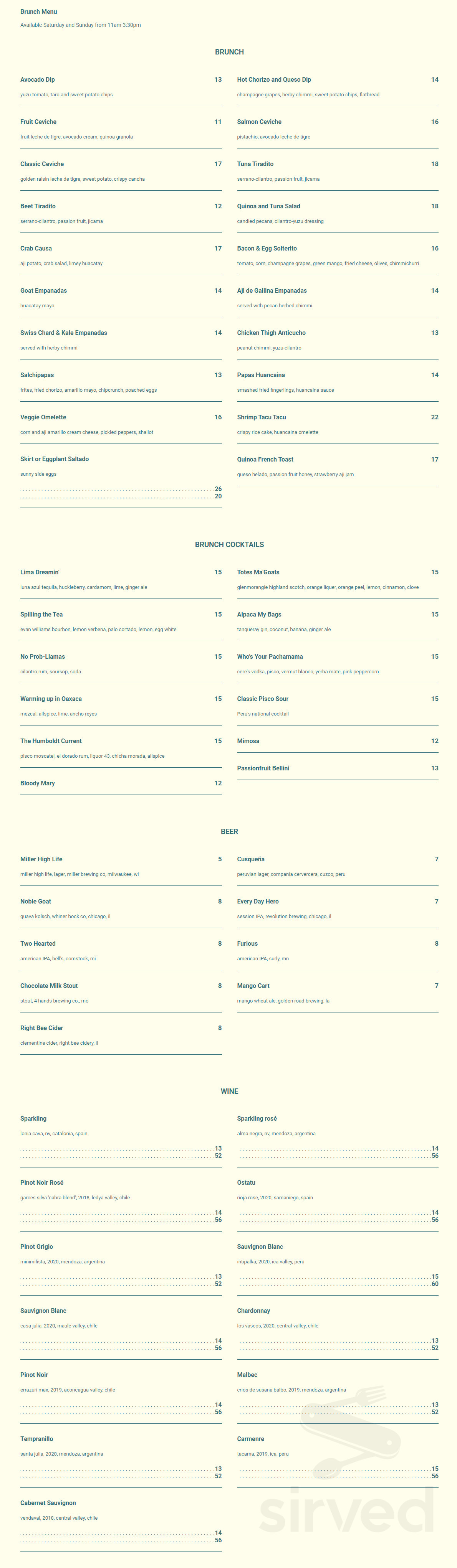 Cabra menu in Chicago, Illinois, USA