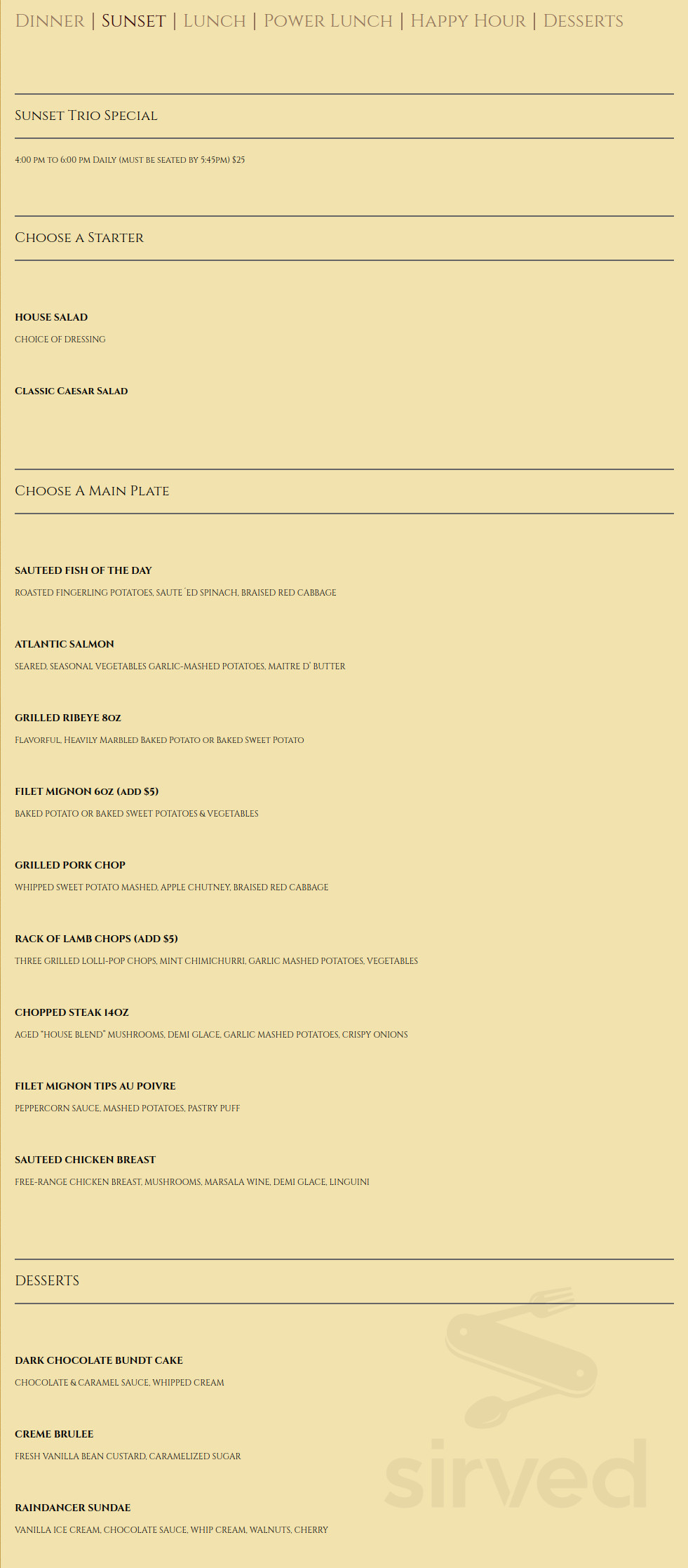 Menu for Raindancer Steakhouse in West Palm Beach, FL | Sirved