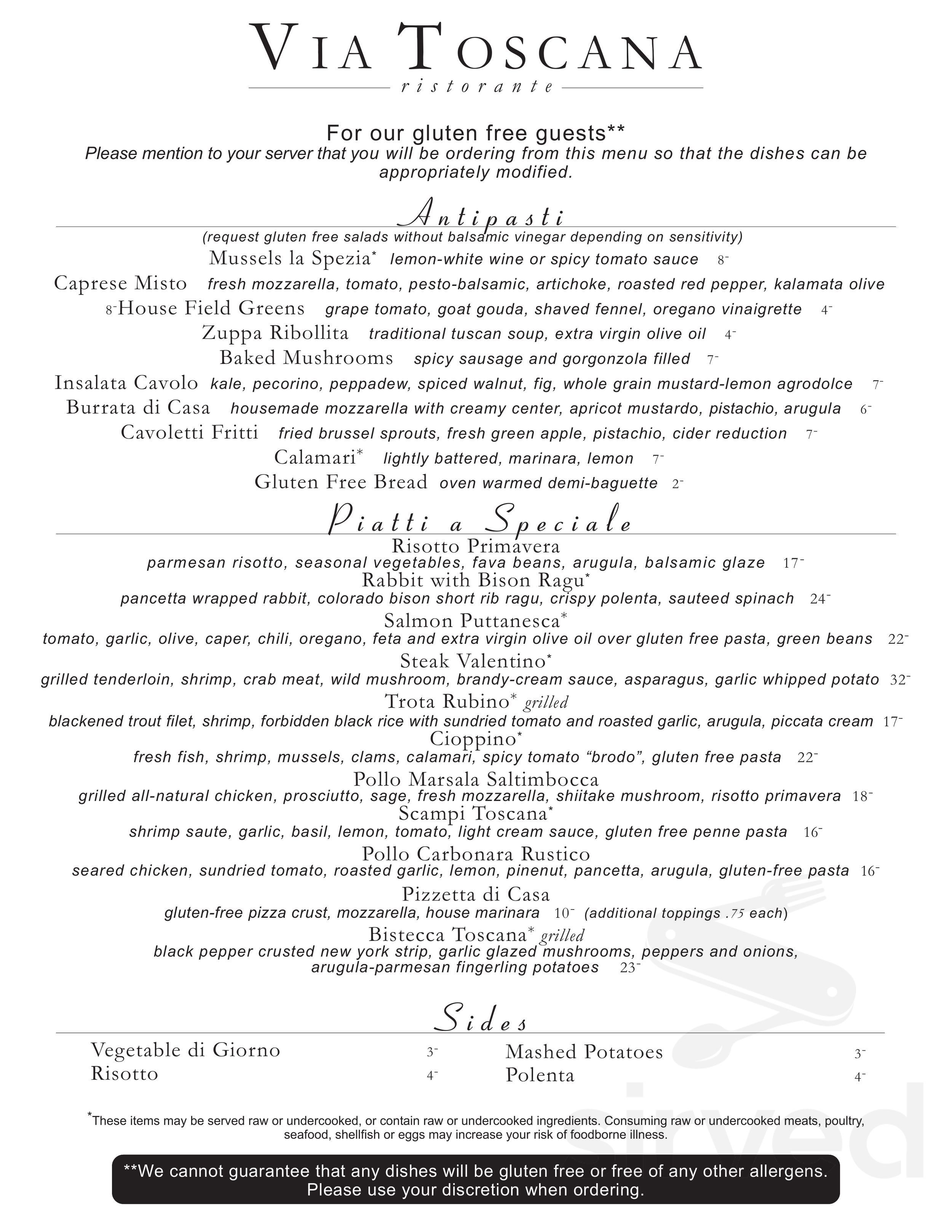 Via Toscana menu in Louisville, Colorado, USA