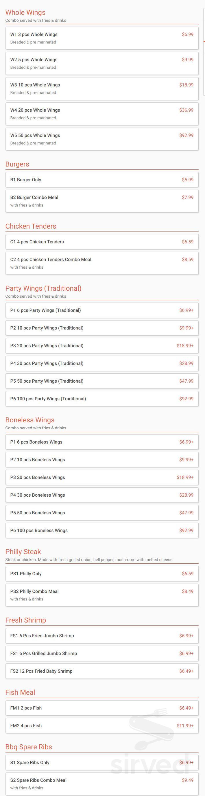 Wing City menu in Montgomery, Alabama, USA