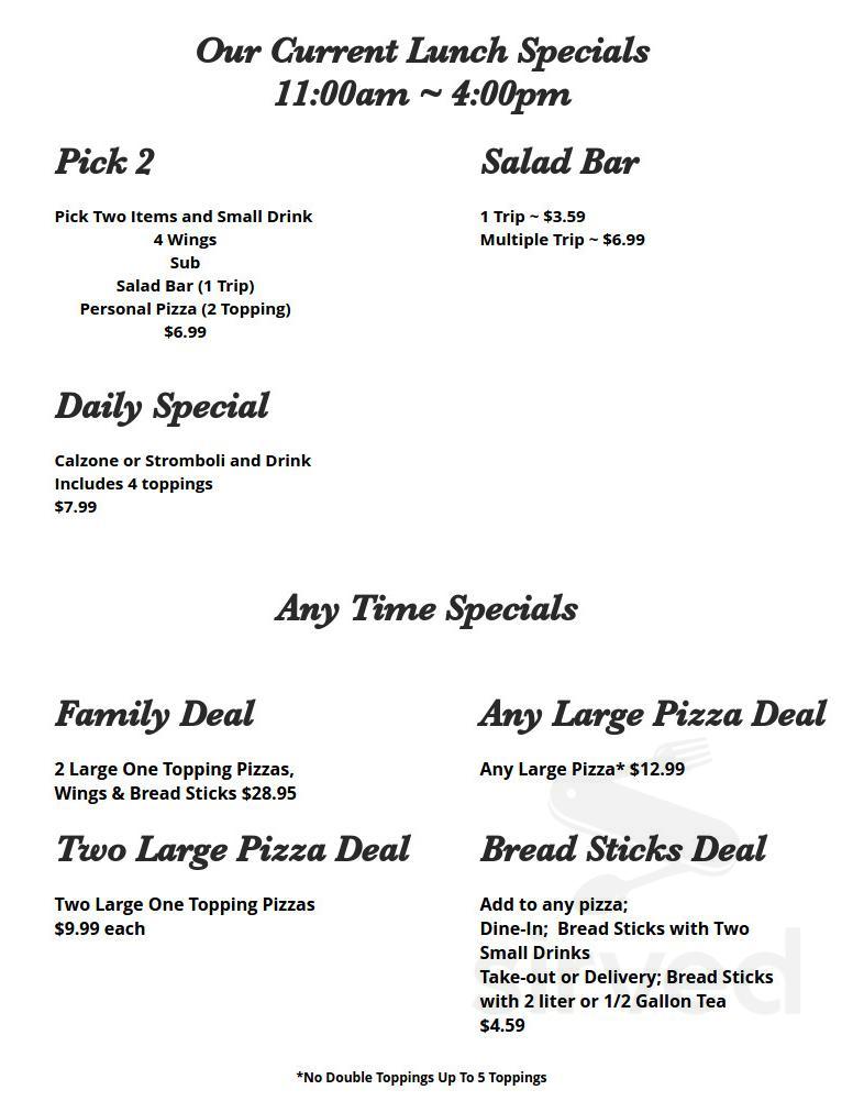 The Pizza Man menu in Clover, South Carolina, USA