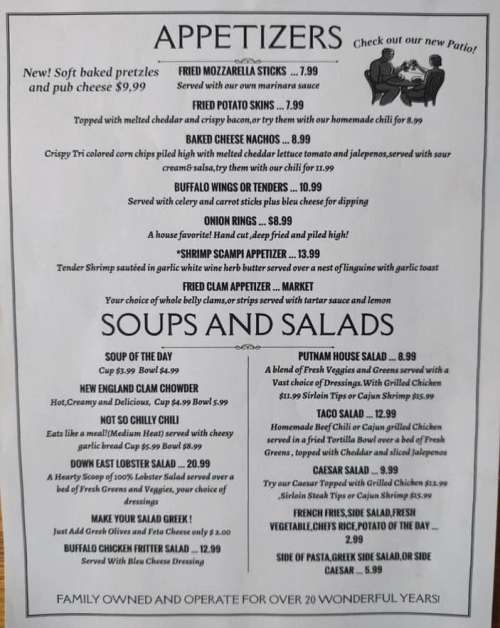 Putnam's Waterview Restaurant menu in Goffstown, New Hampshire, USA