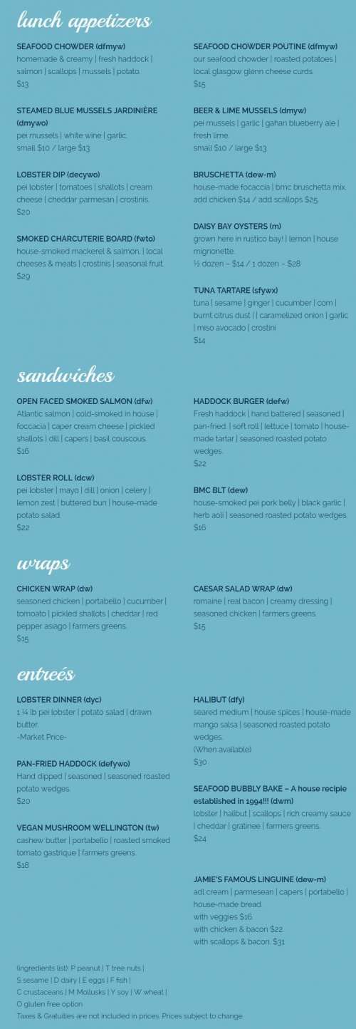 Blue Mussel Cafe menu in North Rustico, Prince Edward Island, Canada