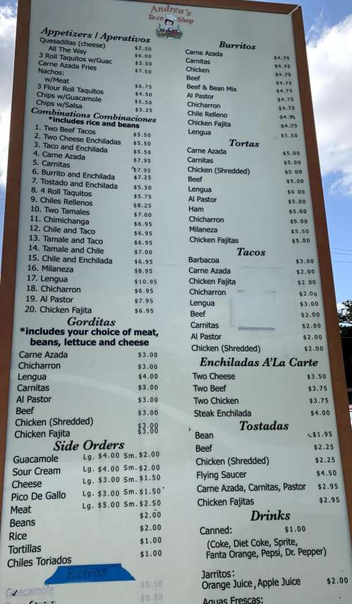 Andrea's Taco Shop menu in Brenham, Texas, USA