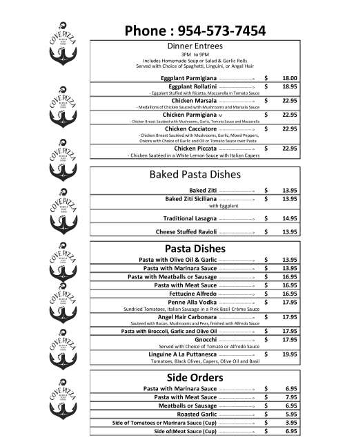 Cove Pizza menu in Deerfield Beach, Florida, USA