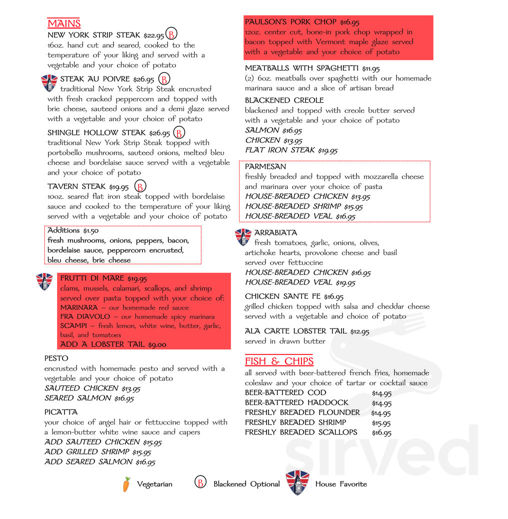 Man of Kent Tavern menu in Hoosick, New York, USA