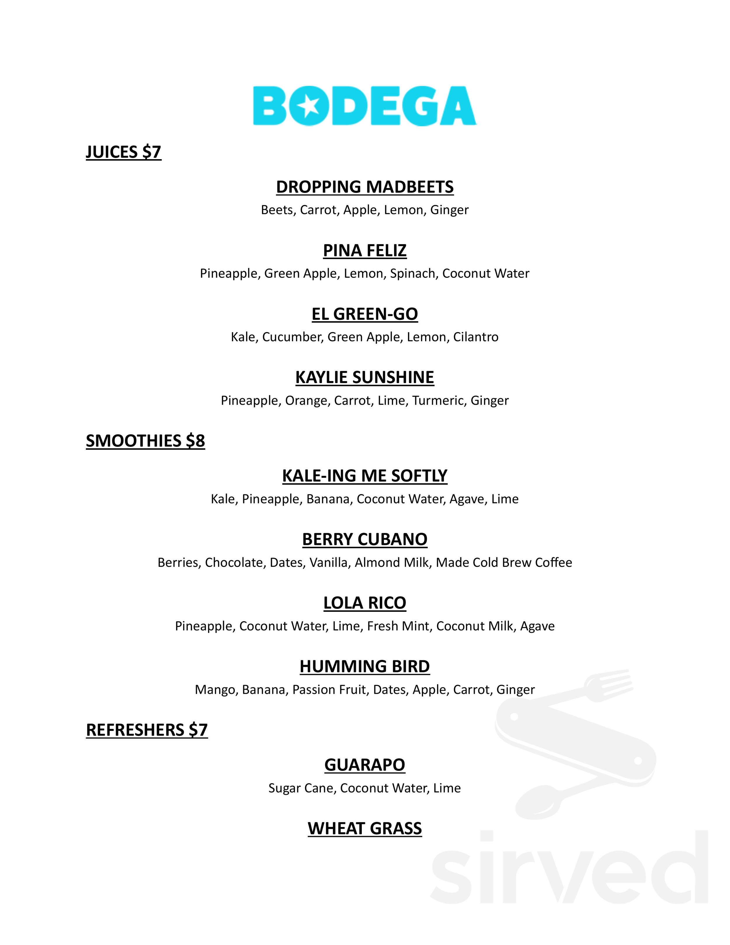 Bodega on Central menu in St. Petersburg, Florida, USA