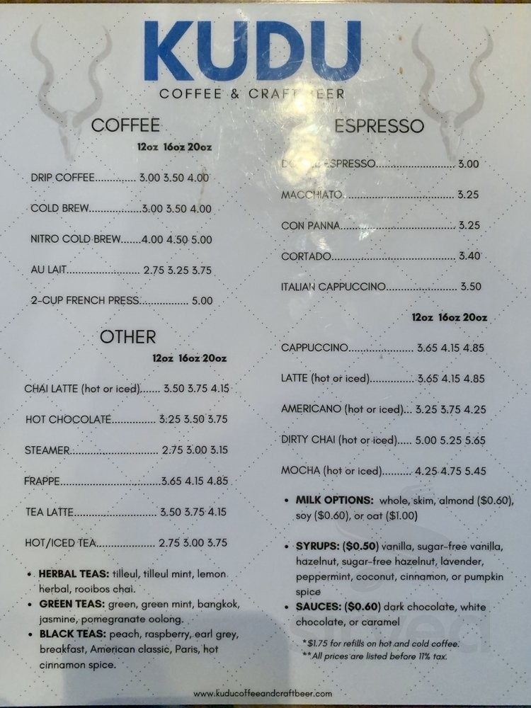 Kudu Coffee and Craft Beer menu in Charleston, South Carolina, USA
