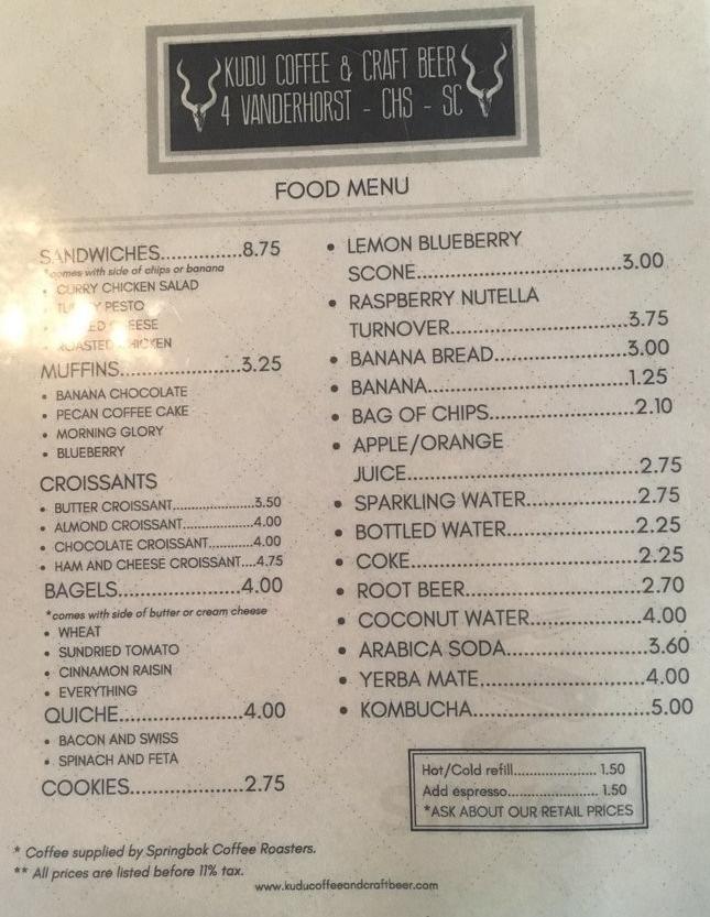 Menu for Kudu Coffee and Craft Beer in Charleston, SC | Sirved