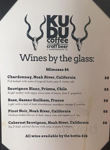 Kudu Coffee and Craft Beer menu in Charleston, South Carolina, USA