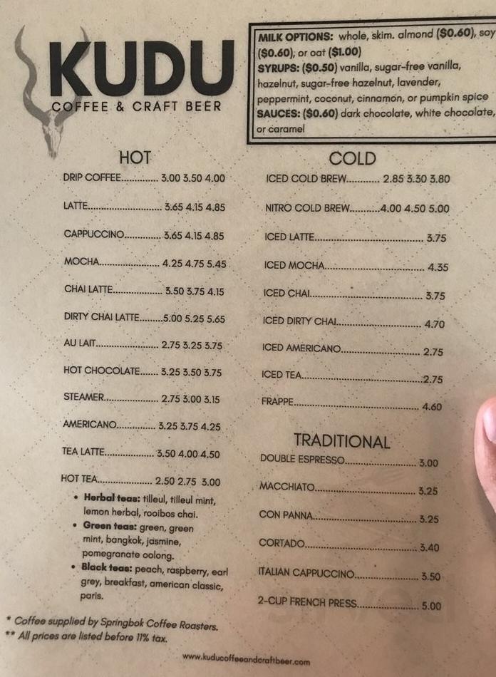 Kudu Coffee and Craft Beer menu in Charleston, South Carolina, USA