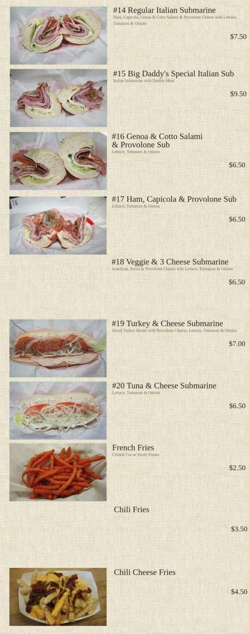Big Daddy's Famous East Coast Cheesesteaks menu in Hemet, California, USA