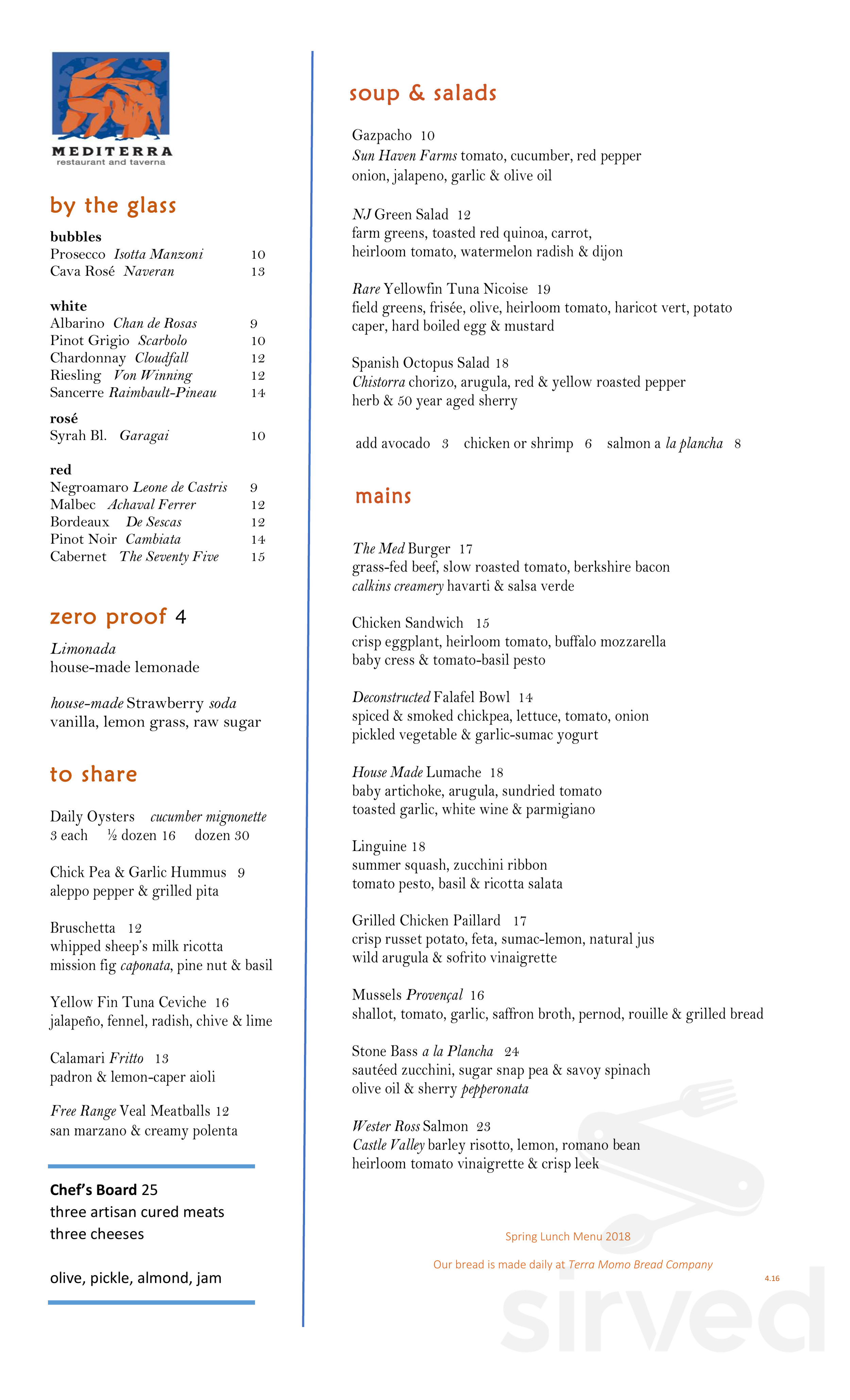 Mediterra Restaurant & Taverna menu in Princeton, New Jersey, USA