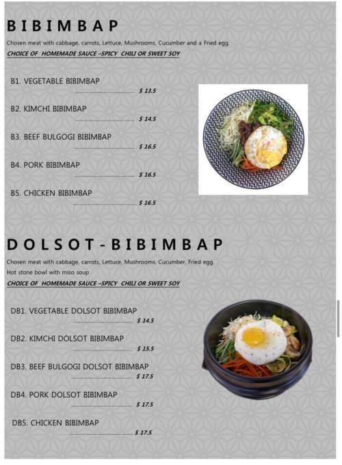 Kimganae Korean BBQ menu in Moncton, New Brunswick, Canada