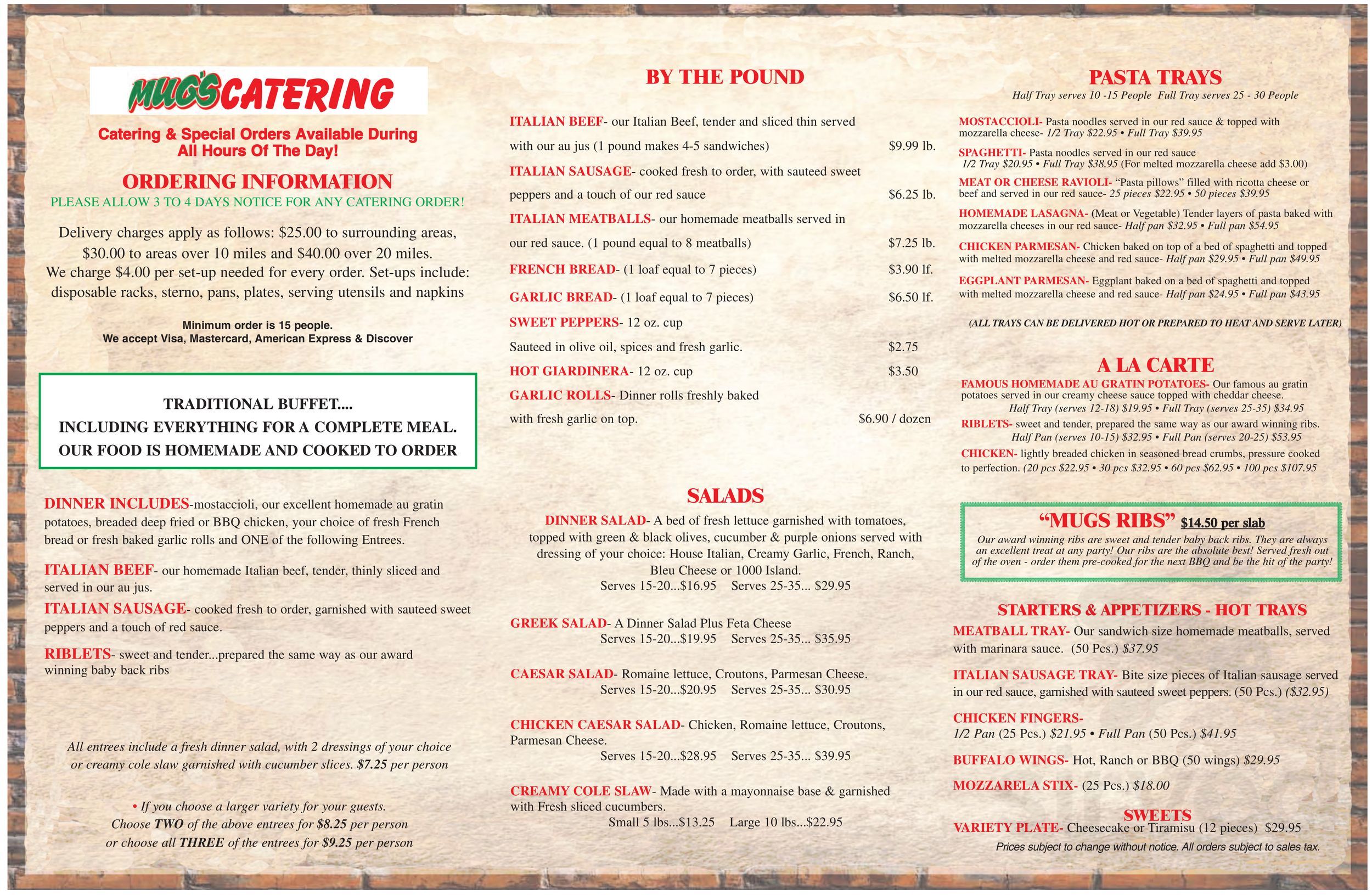 Mug's Pizza & Ribs menu in Schaumburg, Illinois, USA